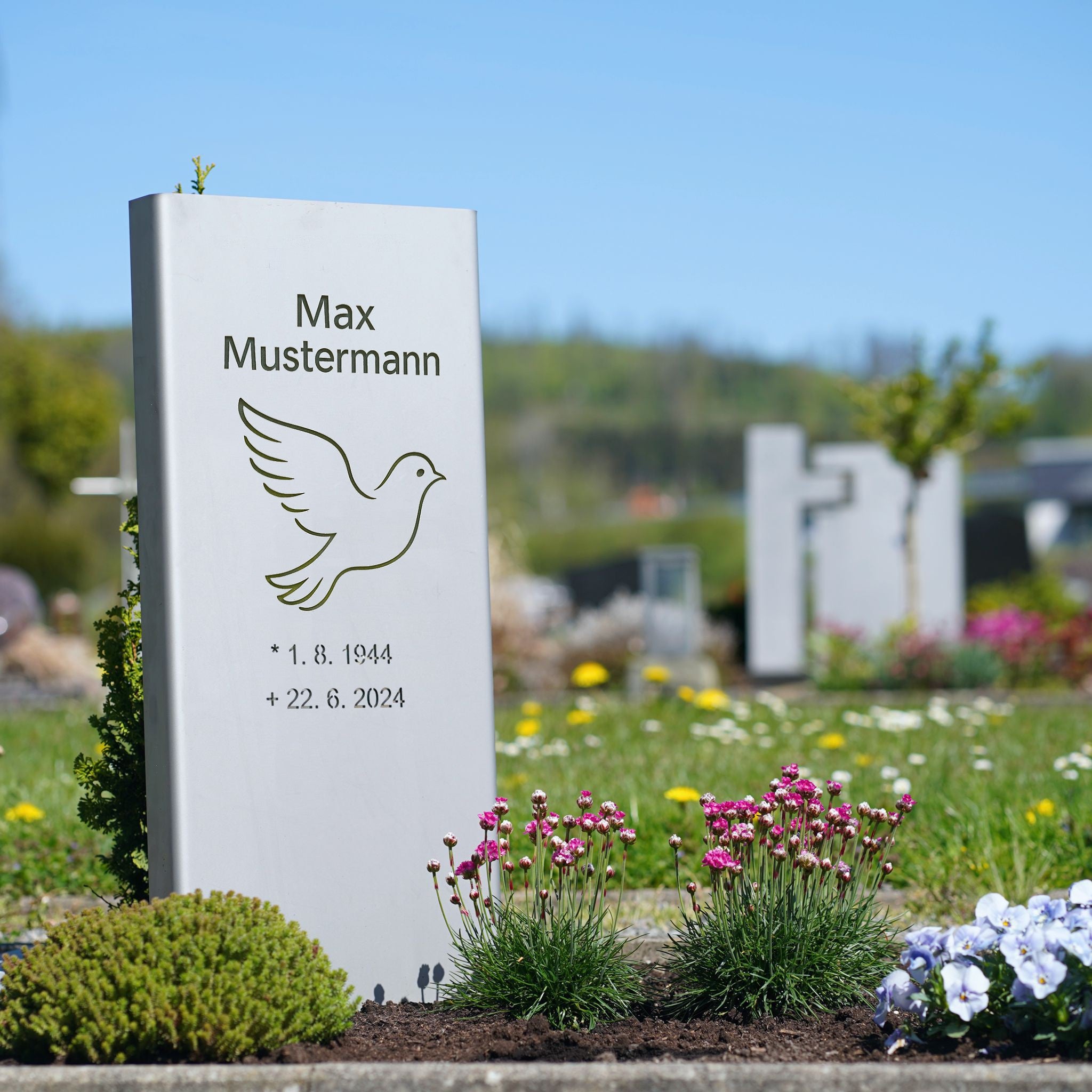 Grabtafel mit Friedenstaube und Wunschbild – Edelstahl V4A - 40 x 100 ...